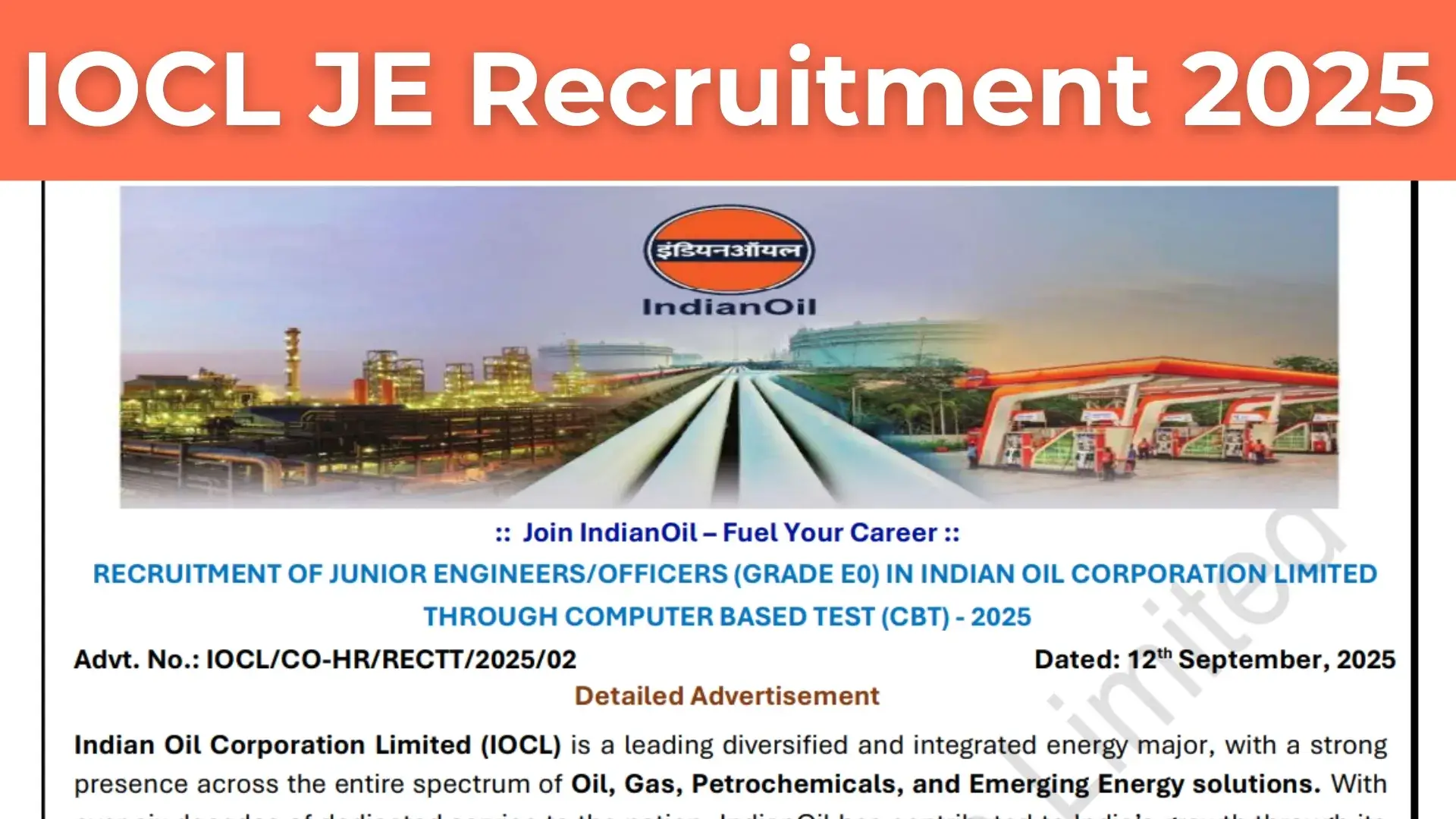 IOCL JE Recruitment 2025 : 1200+ Post | Notification OUT for Diploma Engineer Posts, Apply Online